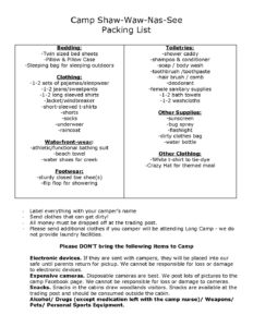 Camp-Packing-List 2019 - Camp Shaw-waw-nas-see